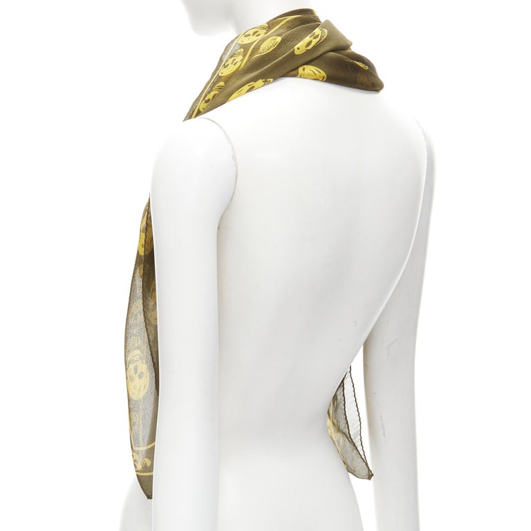 ALEXANDER MCQUEEN Signature skeleton skull green yellow 100% silk scarf ...