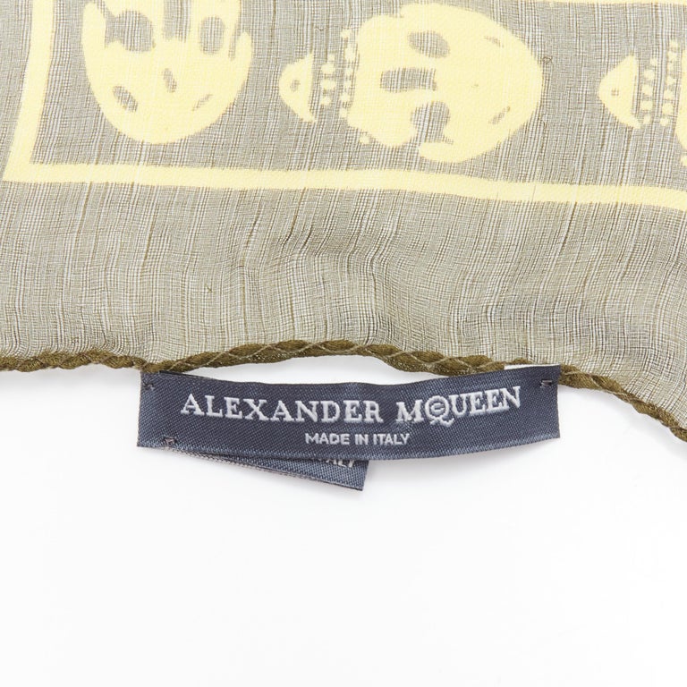 ALEXANDER MCQUEEN Signature skeleton skull green yellow 100% silk scarf ...