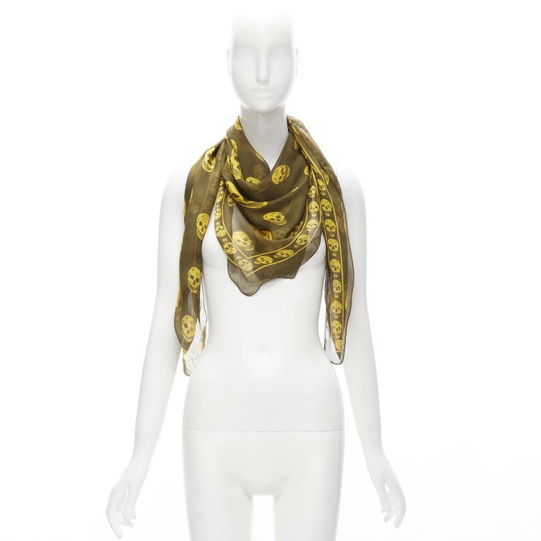 ALEXANDER MCQUEEN Signature skeleton skull green yellow 100% silk scarf ...