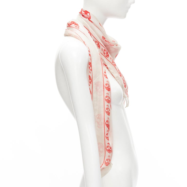 ALEXANDER MCQUEEN Signature skeleton skull light grey red silk scarf ...