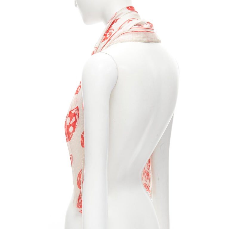 ALEXANDER MCQUEEN Signature skeleton skull light grey red silk scarf ...