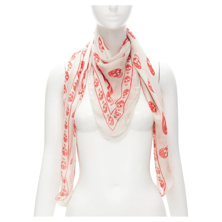 ALEXANDER MCQUEEN Signature skeleton skull light grey red silk scarf ...