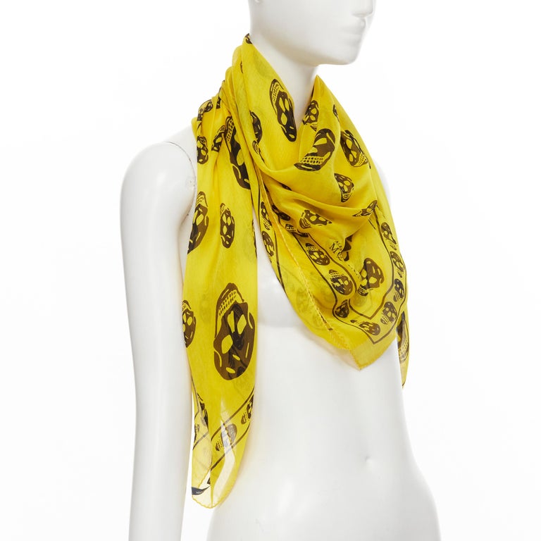 ALEXANDER MCQUEEN Signature skeleton skull yellow black 100% silk scarf ...