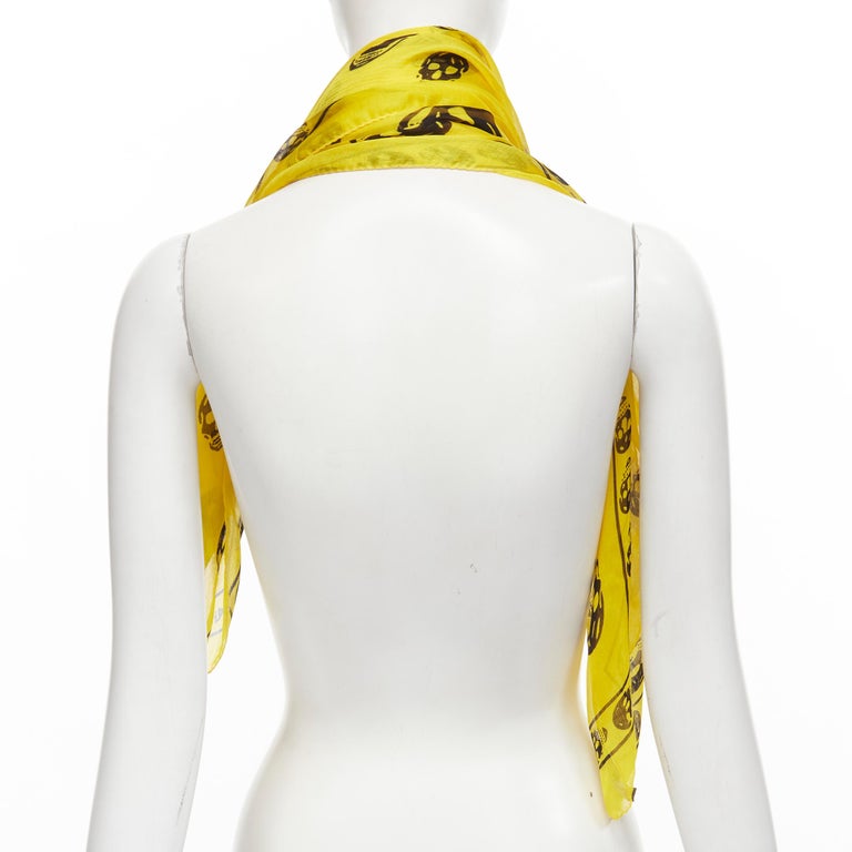 ALEXANDER MCQUEEN Signature skeleton skull yellow black 100% silk scarf ...