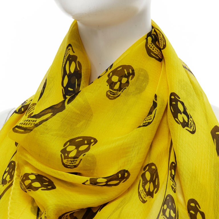 ALEXANDER MCQUEEN Signature skeleton skull yellow black 100% silk scarf ...