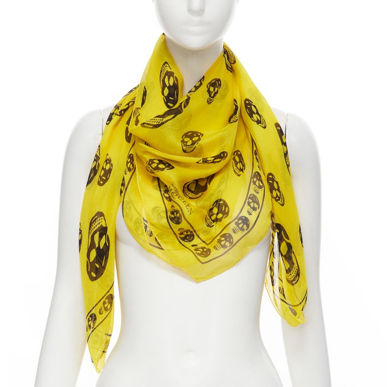ALEXANDER MCQUEEN Signature skeleton skull yellow black 100% silk scarf ...