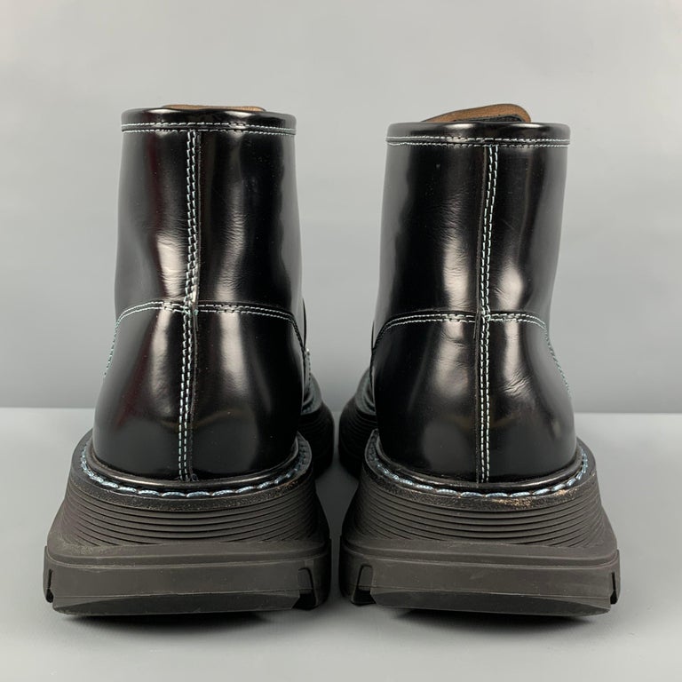ALEXANDER MCQUEEN Size 11 Black Contrast Stitch Leather Lace Up Boots ...