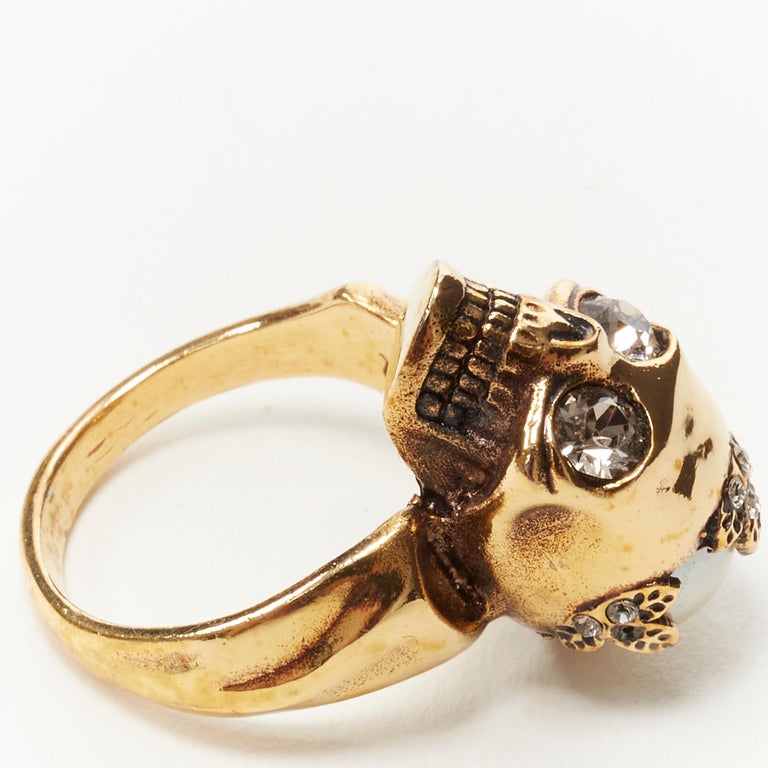 ALEXANDER MCQUEEN Skull crystal eyes pearl crown gold metal ring For ...