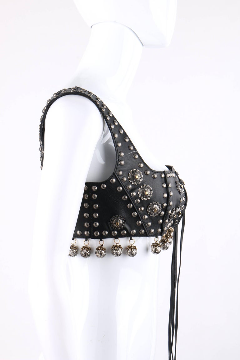 ALEXANDER McQUEEN S/S 2015 Black Nappa Leather Studded Lace Up Bra Top ...