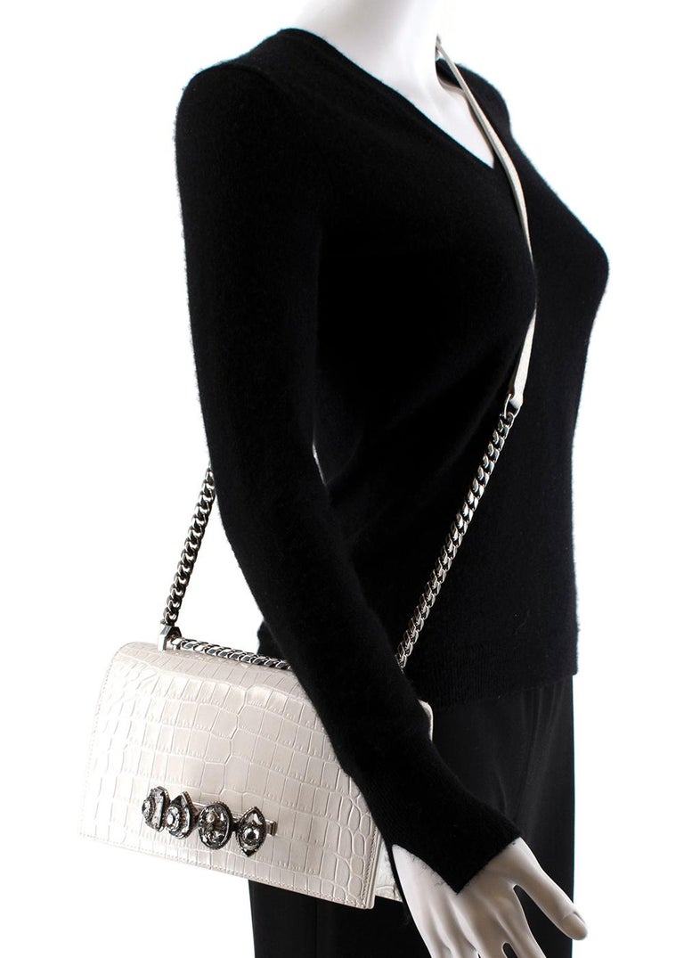 Alexander McQueen White Crocodile Embossed Crystal Knuckle Duster Bag ...