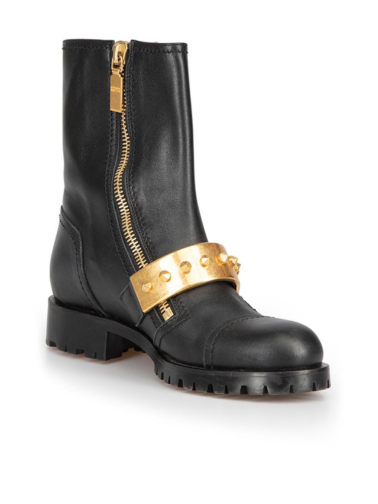 Alexander McQueen Women's Black Leather Gold Studded Combat Boots For ...