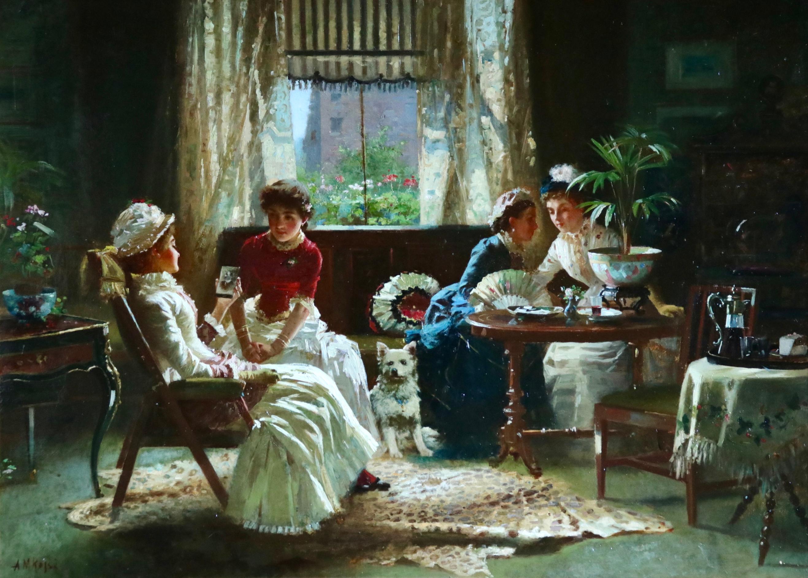 Alexander Rossi - Gossips! - 19th Century Oil, Elegant Women and Dog in ...