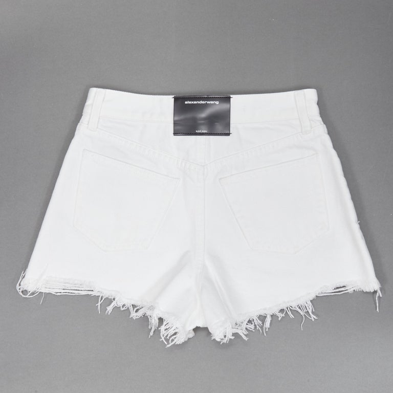 ALEXANDER WANG Bite crystal C charm high rise white cut off denim ...