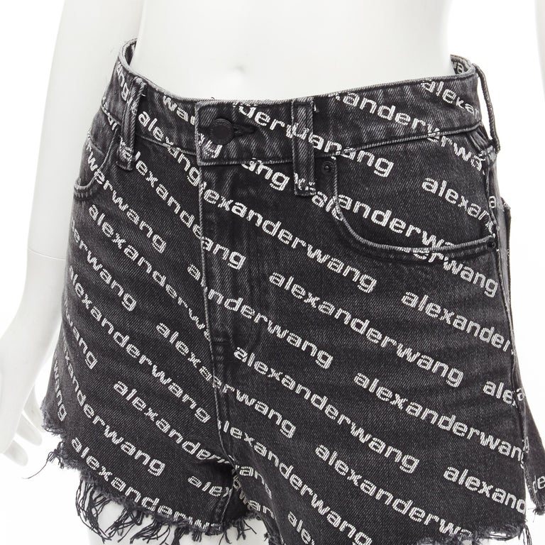 ALEXANDER WANG Bite High Rise black logo print cut off denim shorts 24 ...