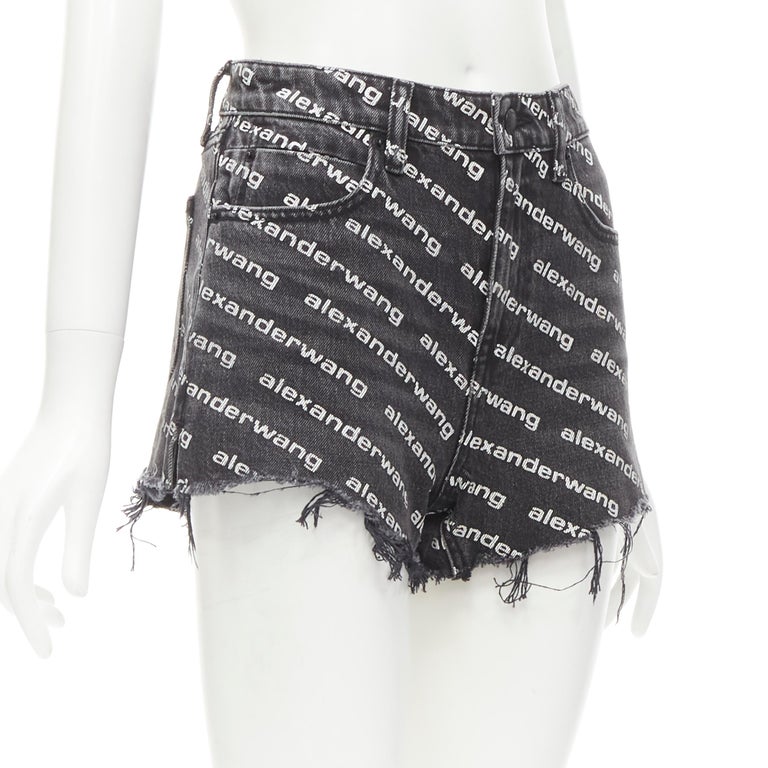 ALEXANDER WANG Bite High Rise black logo print cut off denim shorts 24 ...