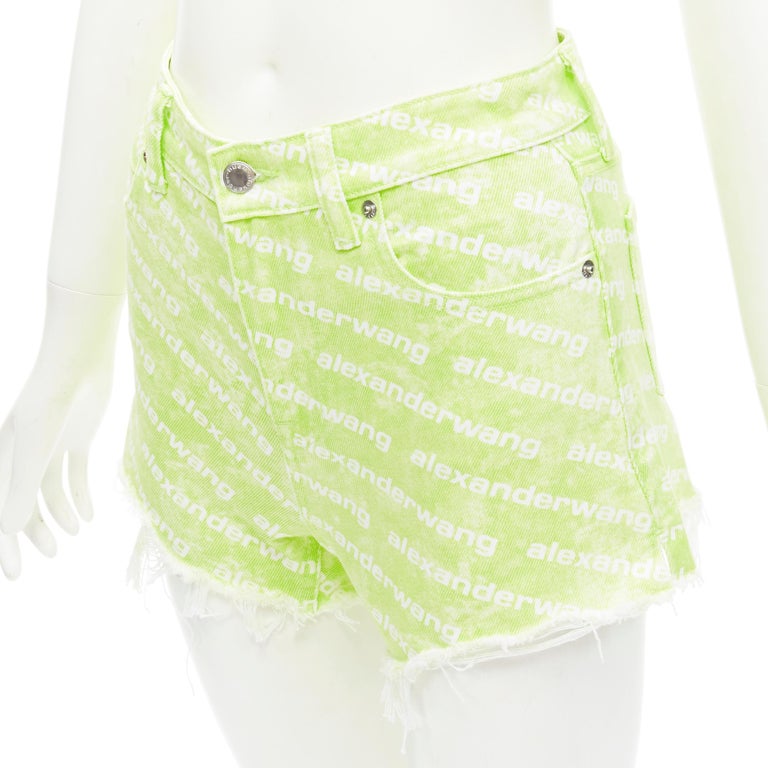 ALEXANDER WANG Bite High Rise green logo print cut off denim shorts 24 ...