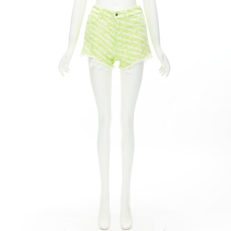 ALEXANDER WANG Bite High Rise green logo print cut off denim shorts 24 ...