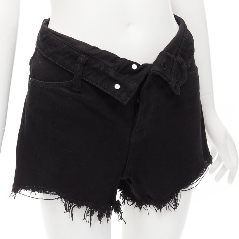 ALEXANDER WANG black foldover waist logo embroidery cut off denim horts ...