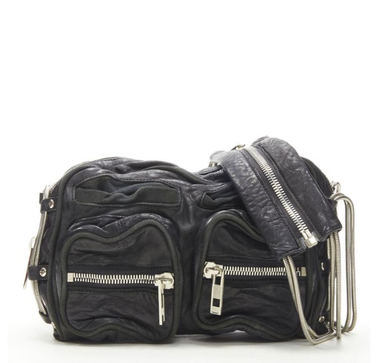 ALEXANDER WANG black rugged leather silver zip pocket coin chain ...