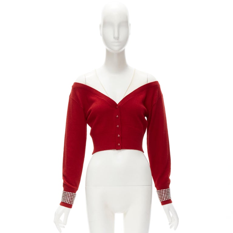 ALEXANDER WANG nude mesh red off shoulder crystal cuff cardigan S For ...