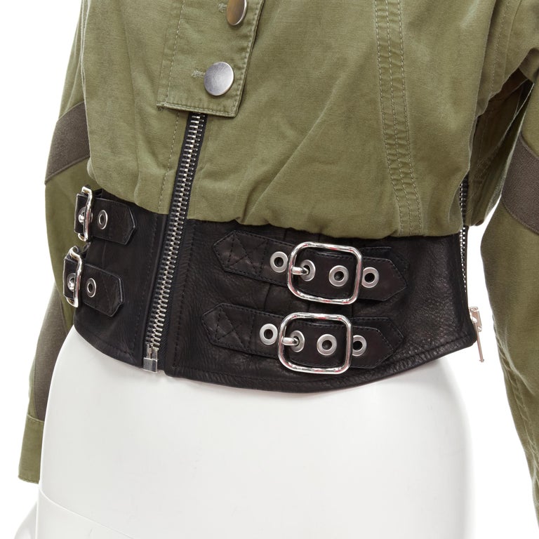 ALEXANDER WANG washed military green cotton leather biker hem cropped ...