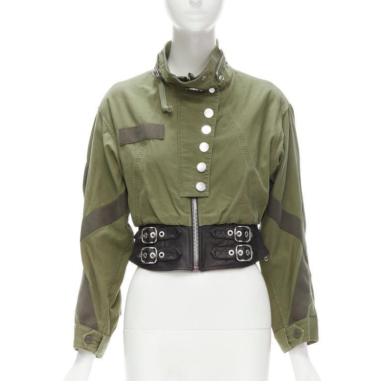 ALEXANDER WANG washed military green cotton leather biker hem cropped ...
