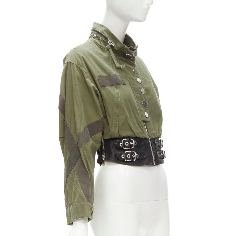 ALEXANDER WANG washed military green cotton leather biker hem cropped ...