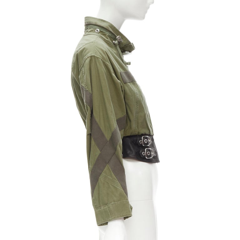 ALEXANDER WANG washed military green cotton leather biker hem cropped ...