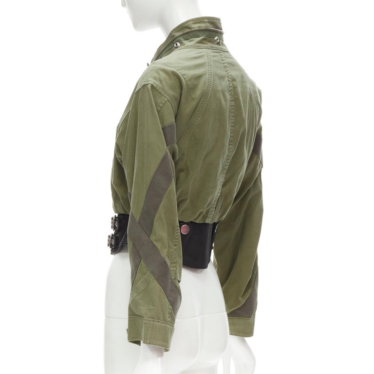 ALEXANDER WANG washed military green cotton leather biker hem cropped ...