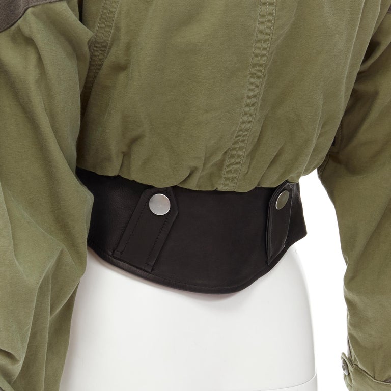 ALEXANDER WANG washed military green cotton leather biker hem cropped ...