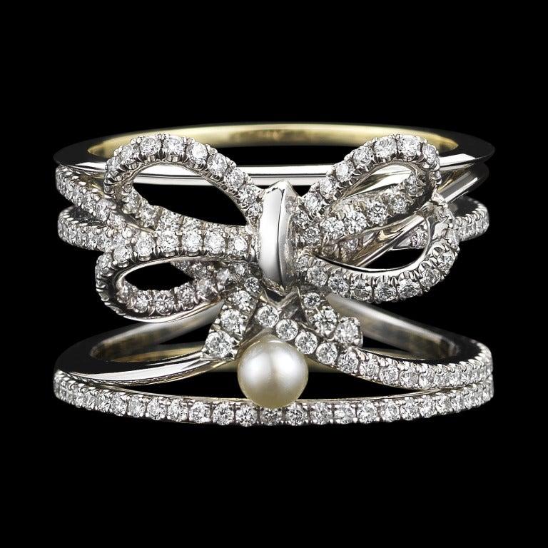 Alexandra Mor Contemporary Pearl Diamond Platinum Bow Ring For Sale at ...