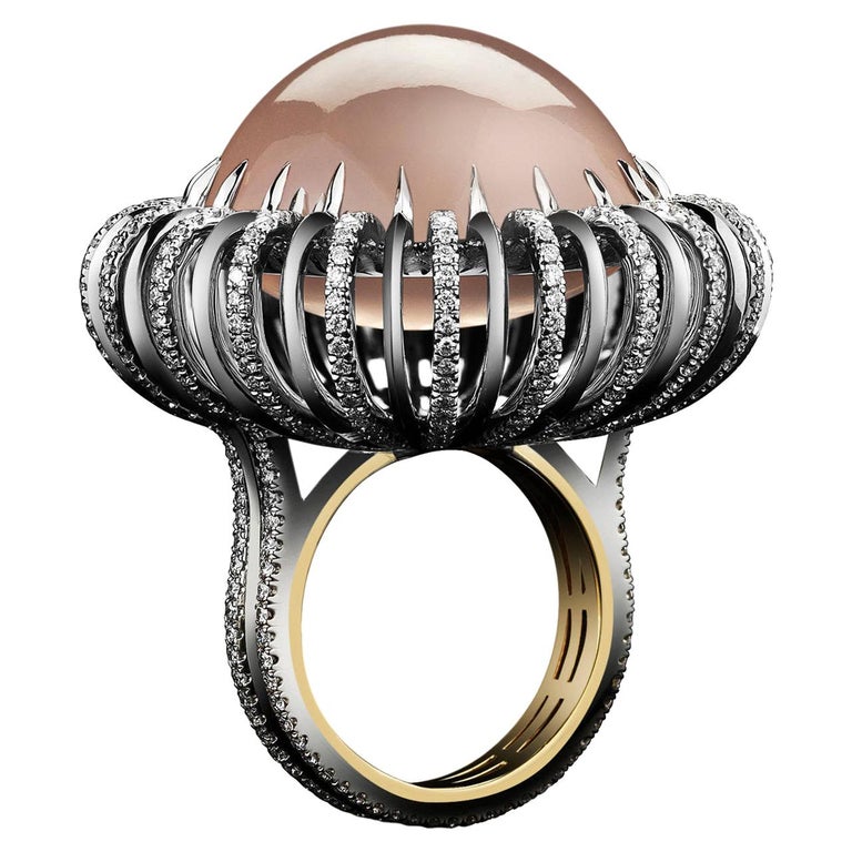 Alexandra Mor Curved Knife-Edge Ring with Star Rose Quartz Cabochon For ...