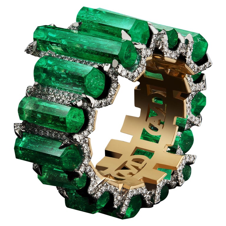 Alexandra Mor One of a Kind Emeralds and Diamonds Wide Eternity Band at ...