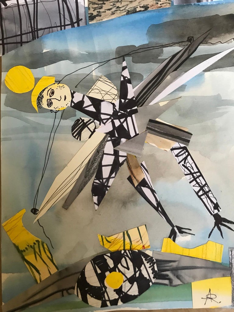 Alexandra Rozenman - "Sunny Side Up", watercolor, collage, angel, grey ...