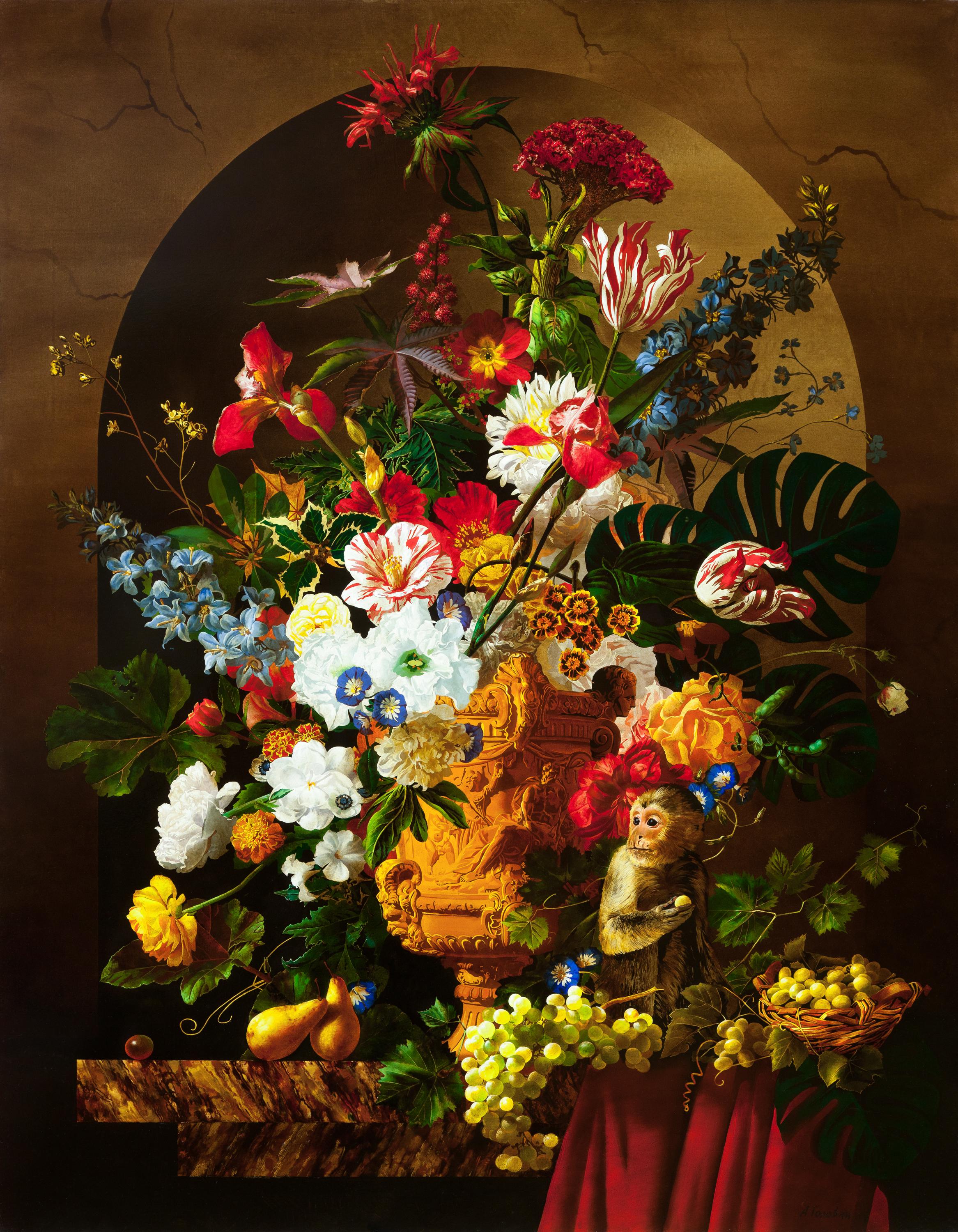 Alexey Golovin - Still Life With Monkey, Fruits and Flowers For Sale at ...