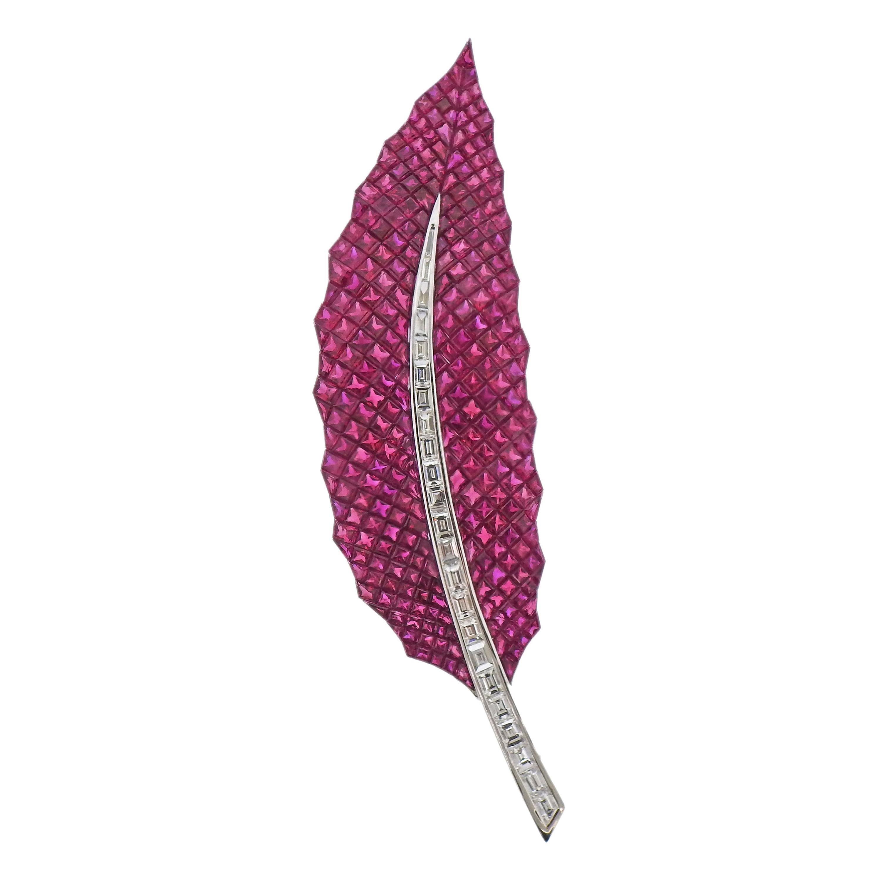 Pederzani Feather Ruby and Diamond Invisible Setting Brooch For Sale at ...