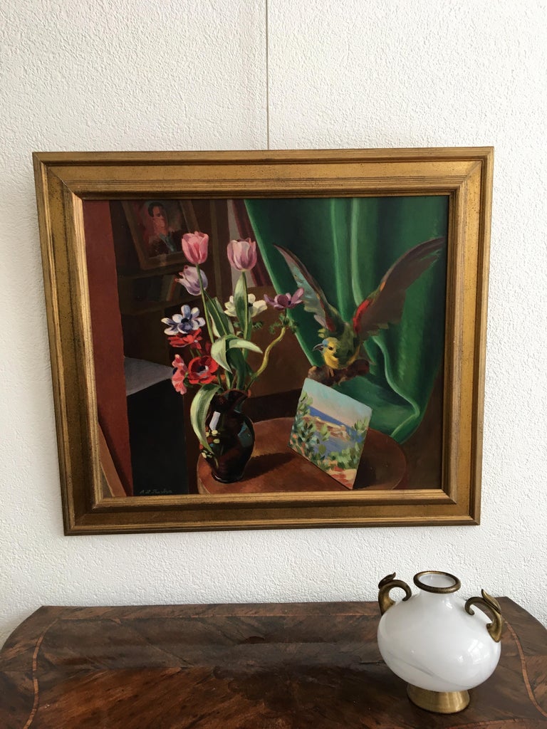 Alexis Louis Roche - Still life with parrot For Sale at 1stDibs