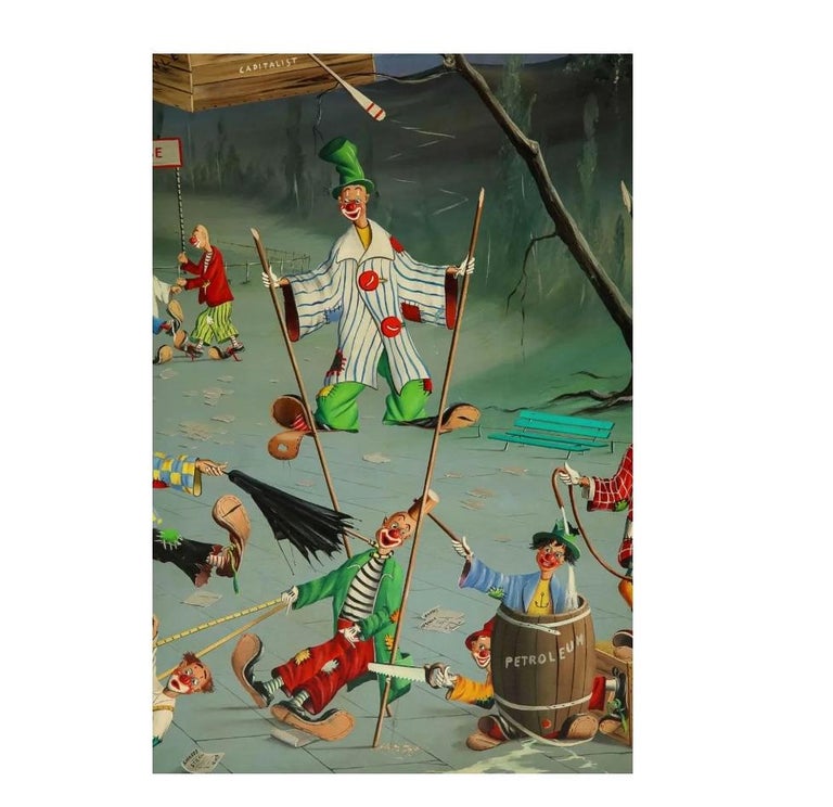 Alfano Dardari (Italian, 1924-1988) “Surrealist Clowns Painting” Oil on ...