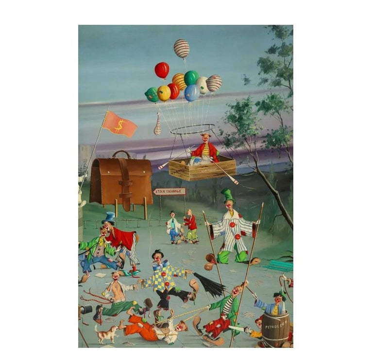 Alfano Dardari (Italian, 1924-1988) “Surrealist Clowns Painting” Oil on ...