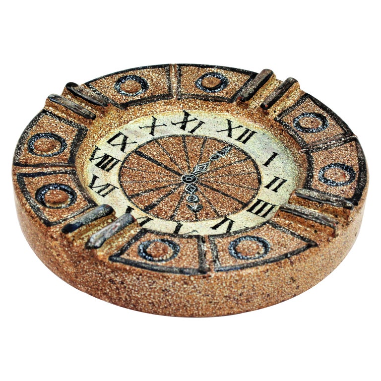 Spanish Glazed Ceramic Ashtray with Clock Design, 1960s For Sale at 1stDibs
