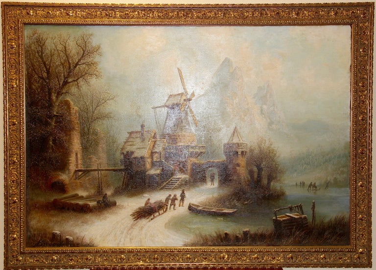 Alfred Bredow - Romantic Winter Landscape with Ice Skaters. Oil on ...