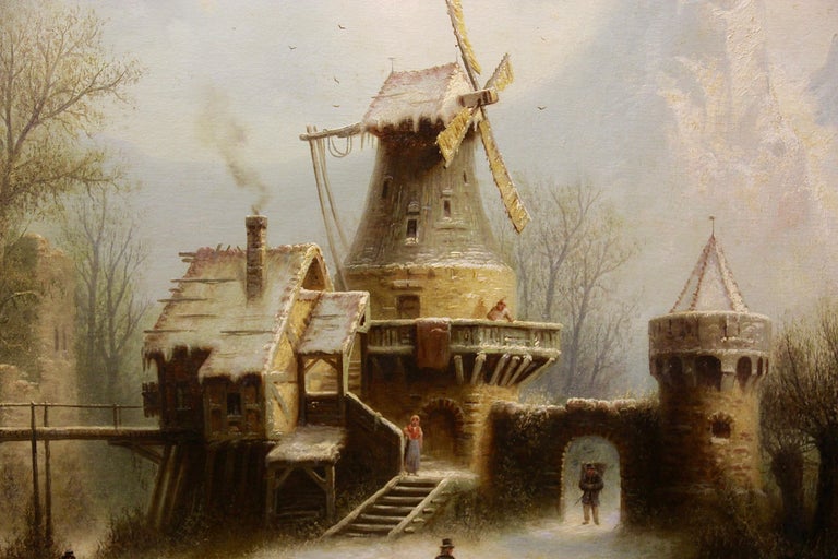 Alfred Bredow - Romantic Winter Landscape with Ice Skaters. Oil on ...