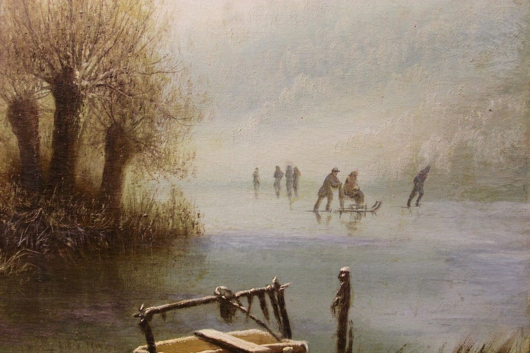 Alfred Bredow - Romantic Winter Landscape with Ice Skaters. Oil on ...
