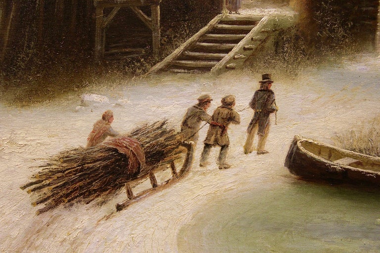 Alfred Bredow - Romantic Winter Landscape with Ice Skaters. Oil on ...