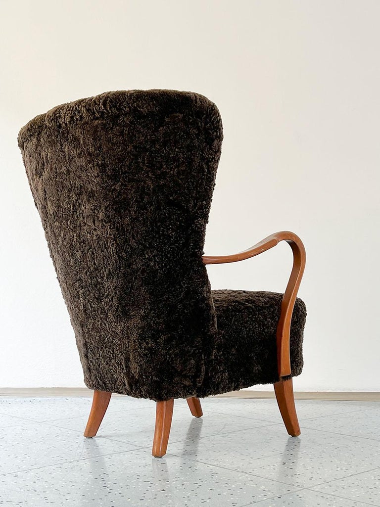 Alfred Christensen Wingback Chair in Sheepskin, 1940s For Sale at 1stDibs