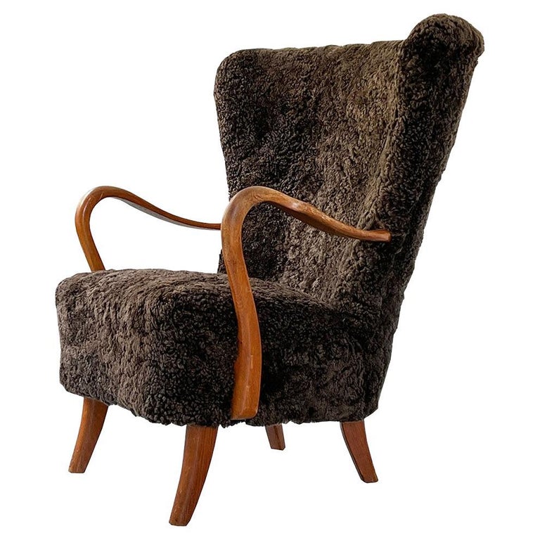 Alfred Christensen Wingback Chair in Sheepskin, 1940s For Sale at 1stDibs