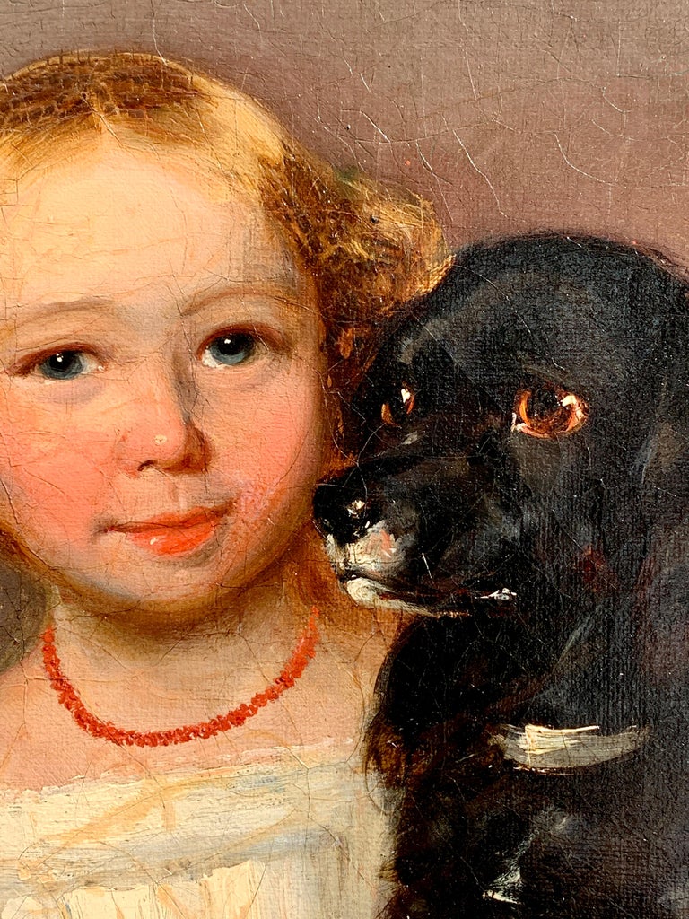 Early 19th century portrait of a young girl setting with her pet ...