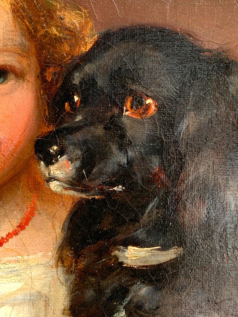 Early 19th century portrait of a young girl setting with her pet ...