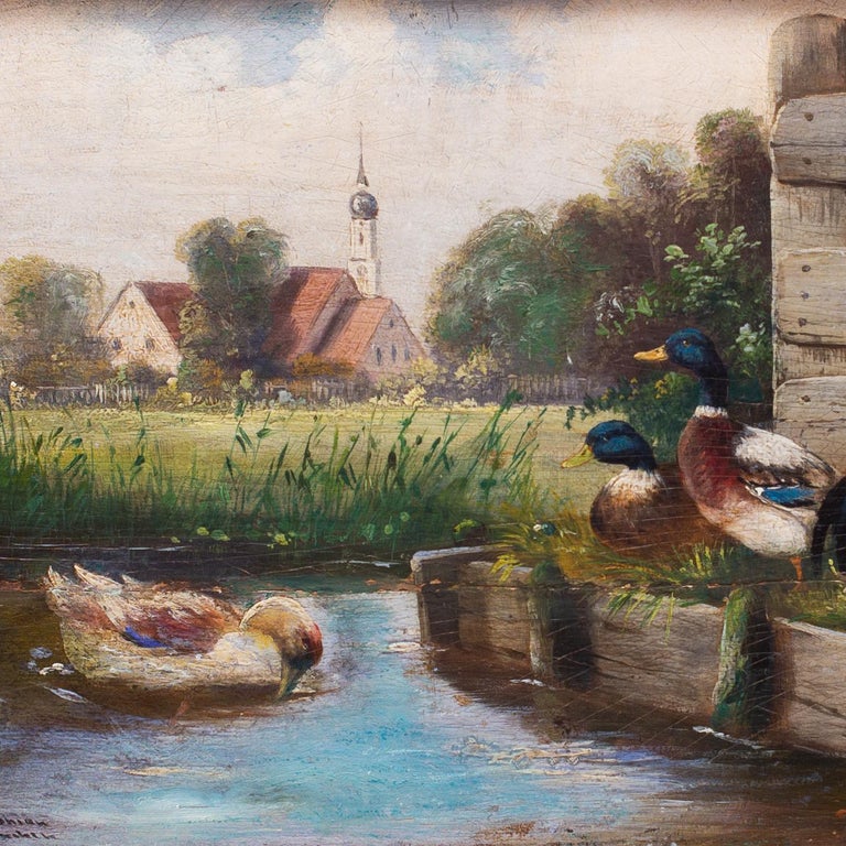 Alfred Schönian - Rooster With Hens and Ducks by a Pond by German ...