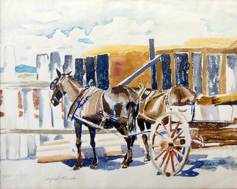 Alfred Wands - Watercolor Painting, Horses, Carriage, Buildings in Blue ...